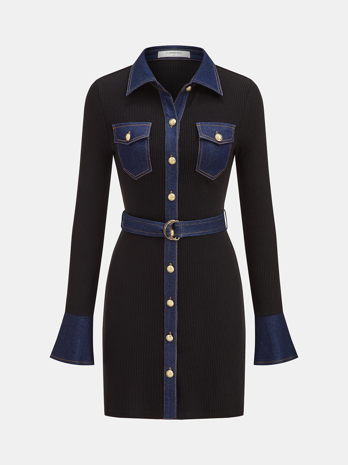 Belted Denim Panel Ribbed Knit Mini Dress | COMMENSE
