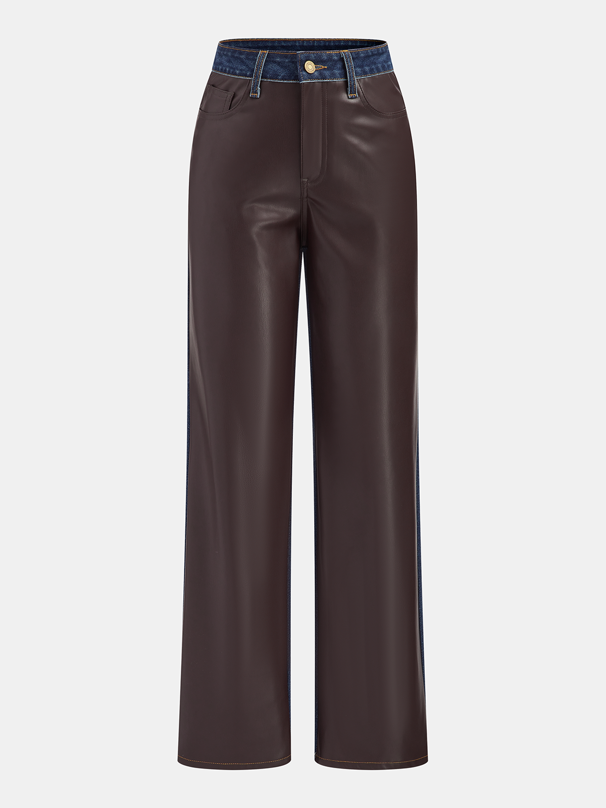 Denim Panel Faux Leather Straight-Leg Pants | COMMENSE
