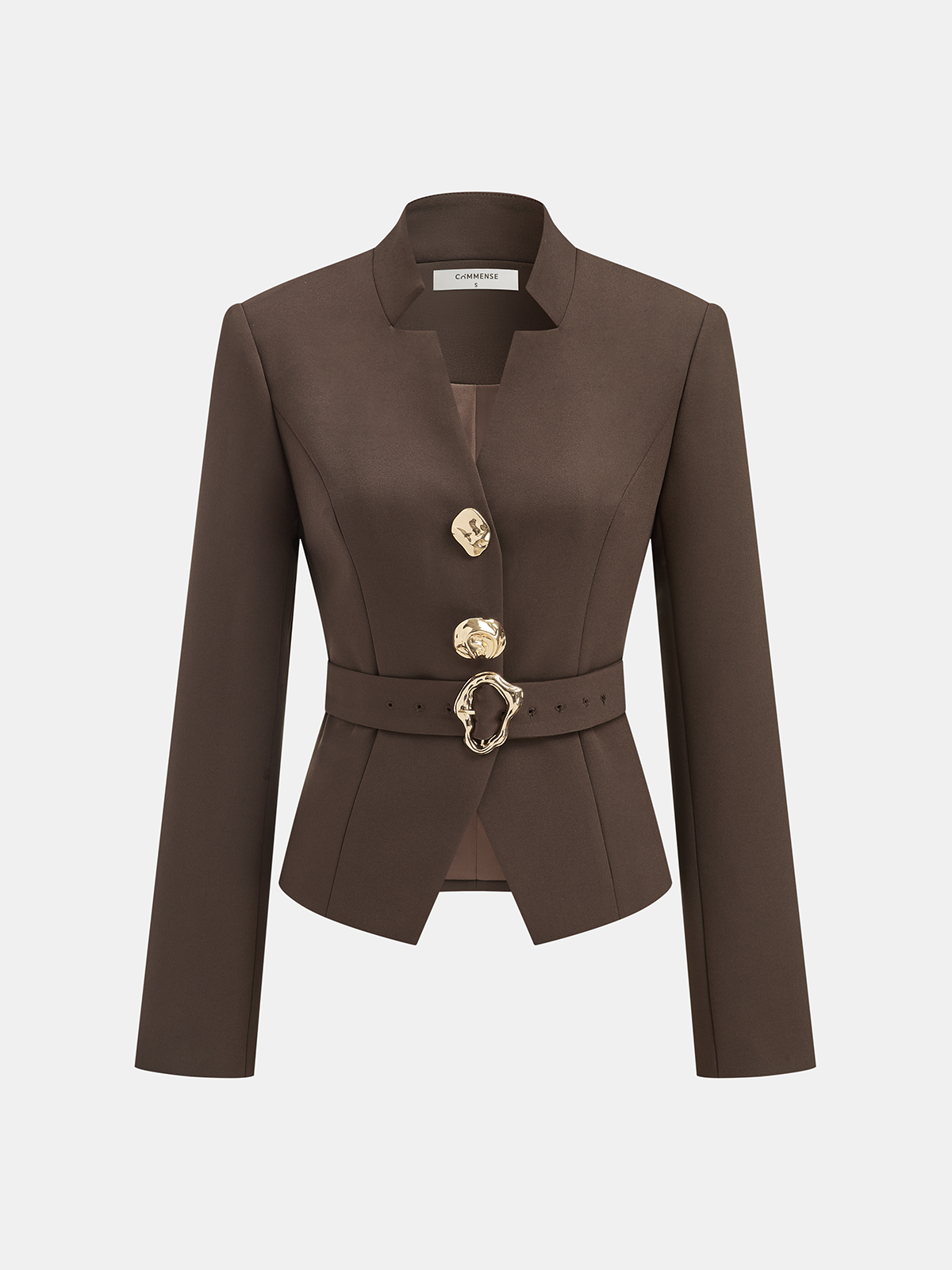 Metal Button Stand Collar Belted Blazer | COMMENSE