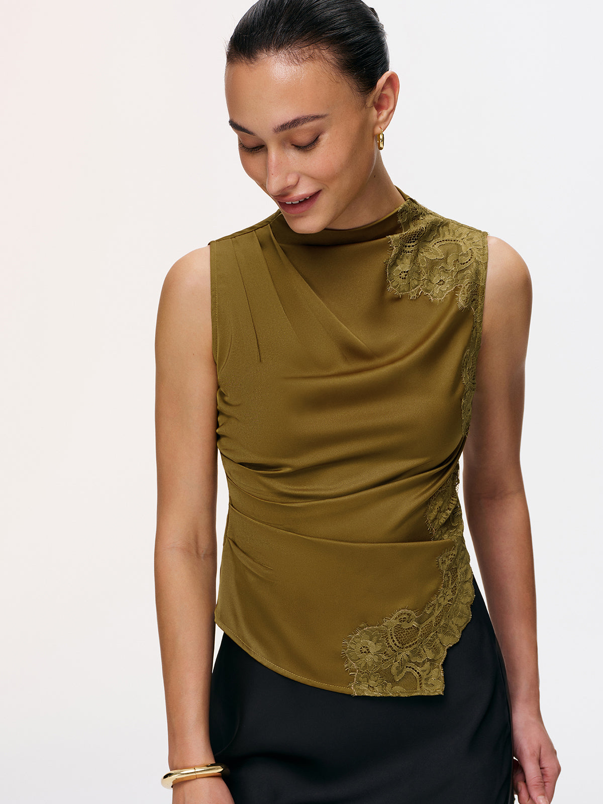 Lace Panel Ruched Side-Slit Satin Blouse | COMMENSE