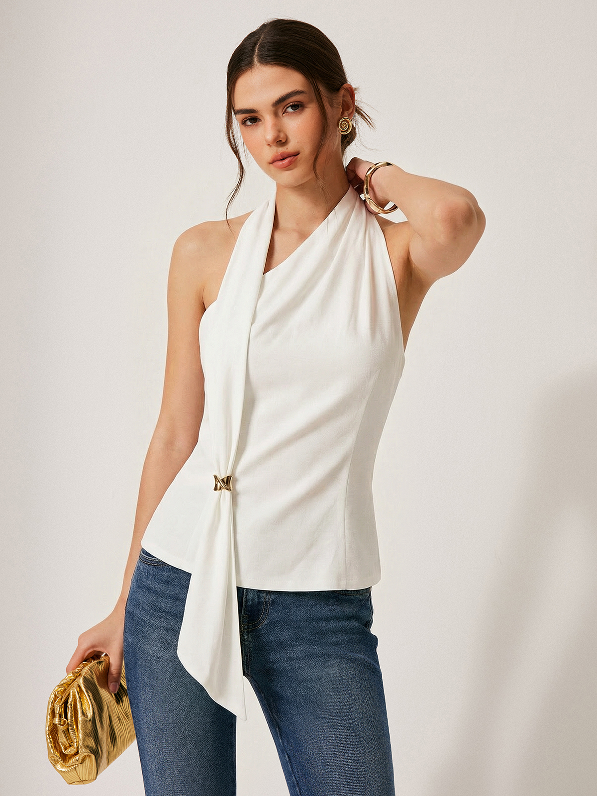 Metal Buckle Draped Halter Top | COMMENSE