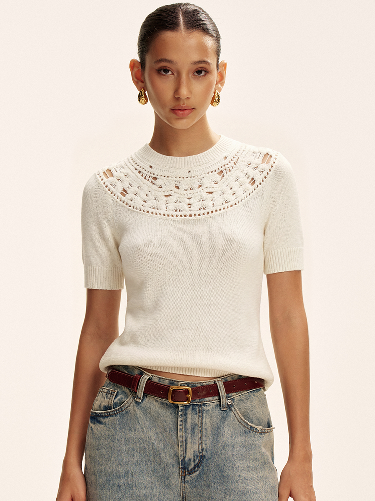 Hollow Out Crochet Short Sleeve Knit Top | COMMENSE