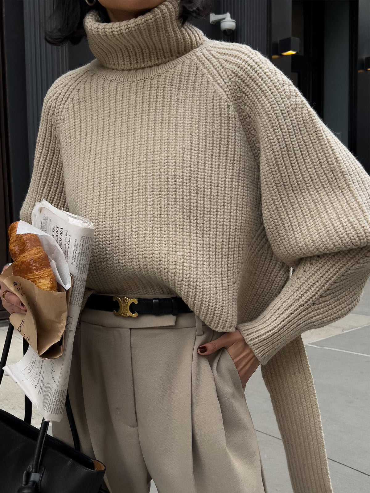 Solid Oversized Ribbed Knit High Neck Sweater | COMMENSE